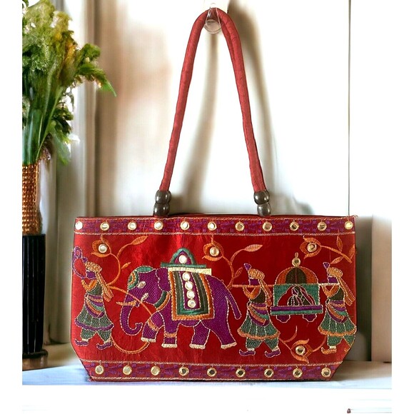 Handmade | Bags | Vintage Indian Handbag Purse Red Hand Stitched ...